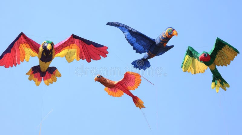 Colorful Bird-Shaped Kites Flying Against a Clear Blue Sky Stock ...