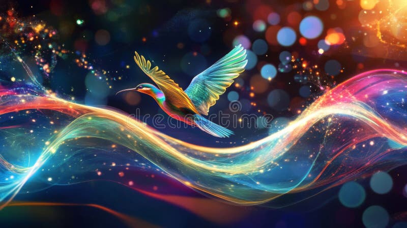 A Colorful Bird Soaring through Abstract Glowing Waves Stock ...