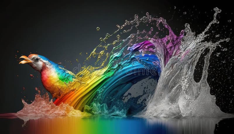 A Colorful Bird Splashing Water into a Rainbow Colored Puddle Stock ...