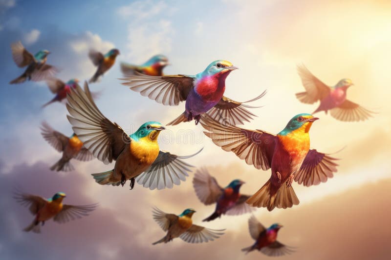 Colorful Birds in Flight stock illustration. Illustration of avian ...