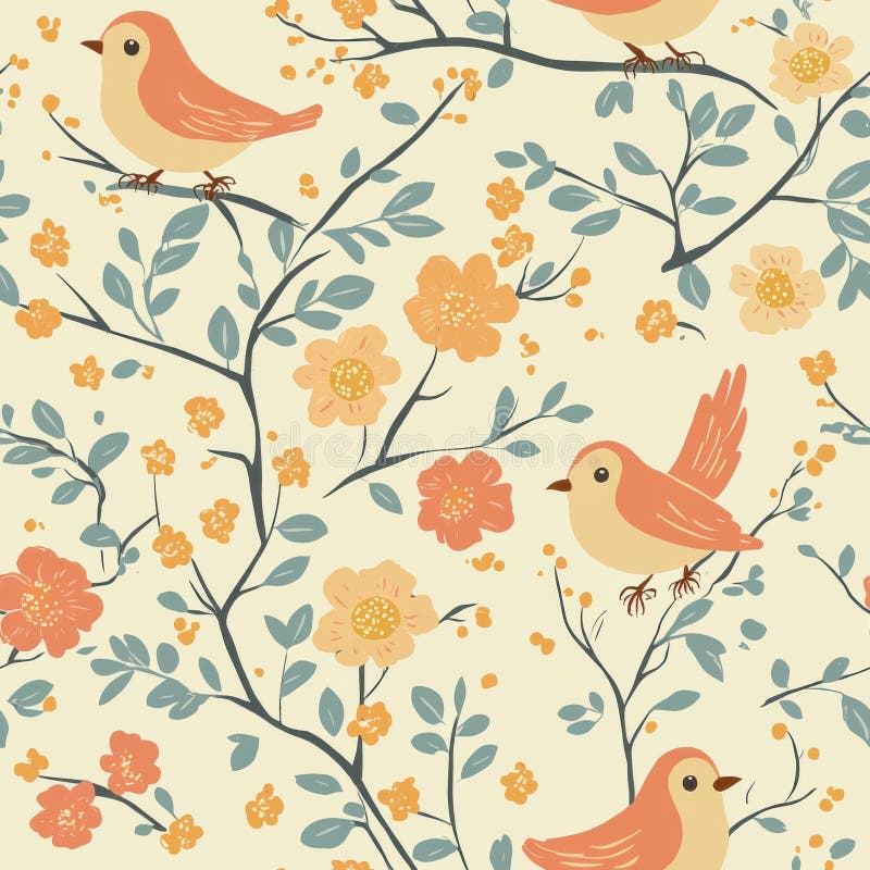 Colorful Birds and Flowers in Seamless Pattern Design Stock ...