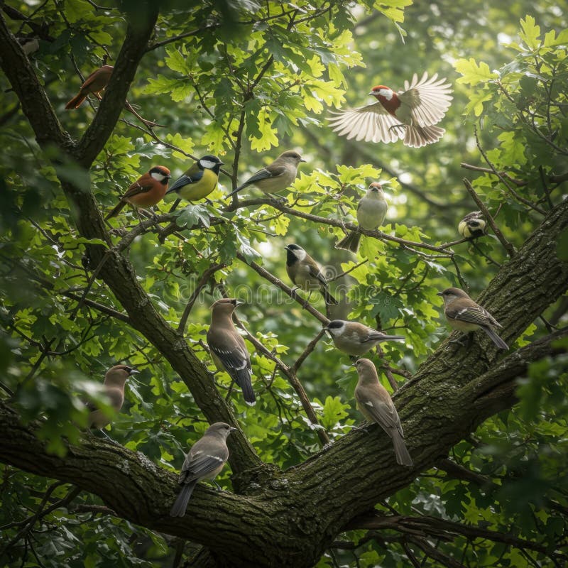 Colorful Birds Perched on Lush Green Oak Tree Branches Stock ...