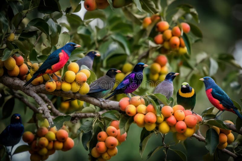 Colorful Birds Tree. Generate Ai Stock Illustration - Illustration of ...