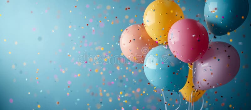 Colorful Birthday Balloons Flying on Blue Background Stock Image ...