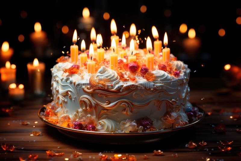 Colorful Birthday Cake with a Candle on the Festive Table Stock ...