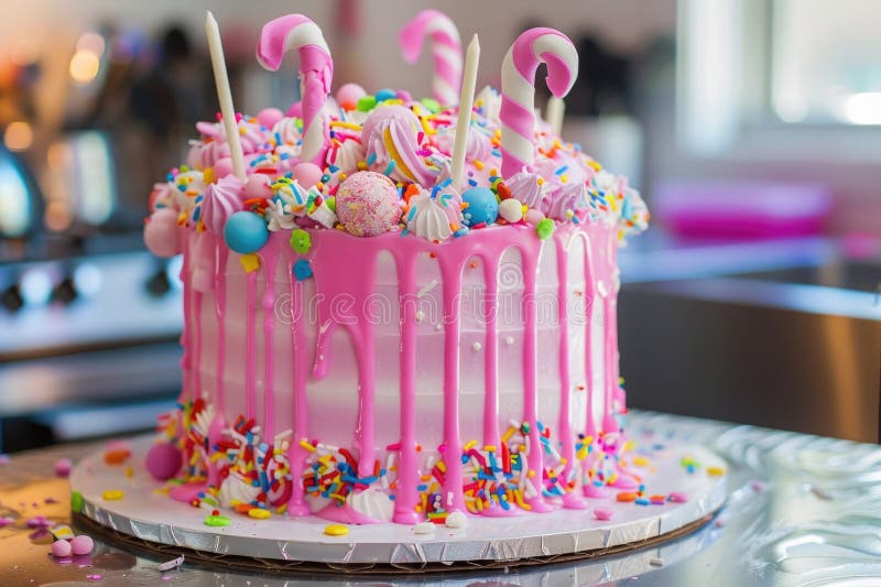 Colorful Birthday Cake with Candy Decor in a Festive Background Stock ...