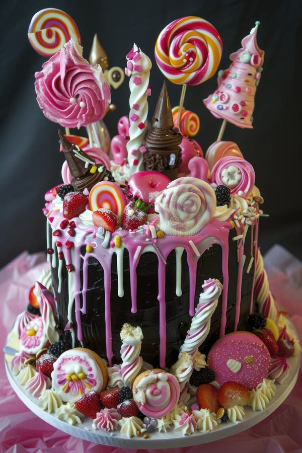 Colorful Birthday Cake with Candy Decor in a Festive Background Stock ...