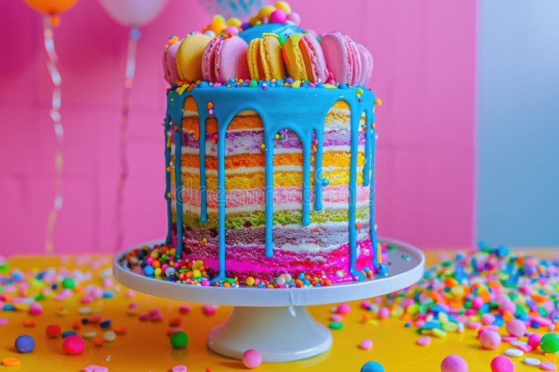 Colorful Birthday Cake with Candy Decor in a Festive Background Stock ...
