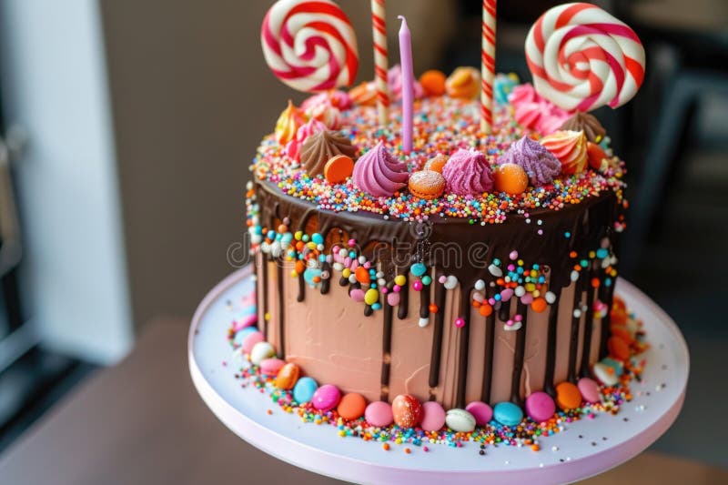 Colorful Birthday Cake with Candy Decor in a Festive Background Stock ...