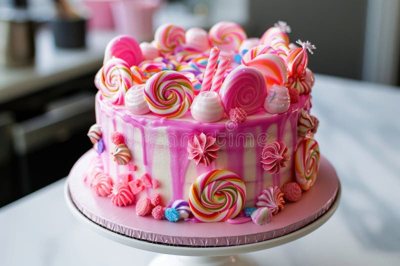 Colorful Birthday Cake with Candy Decor in a Festive Background Stock ...