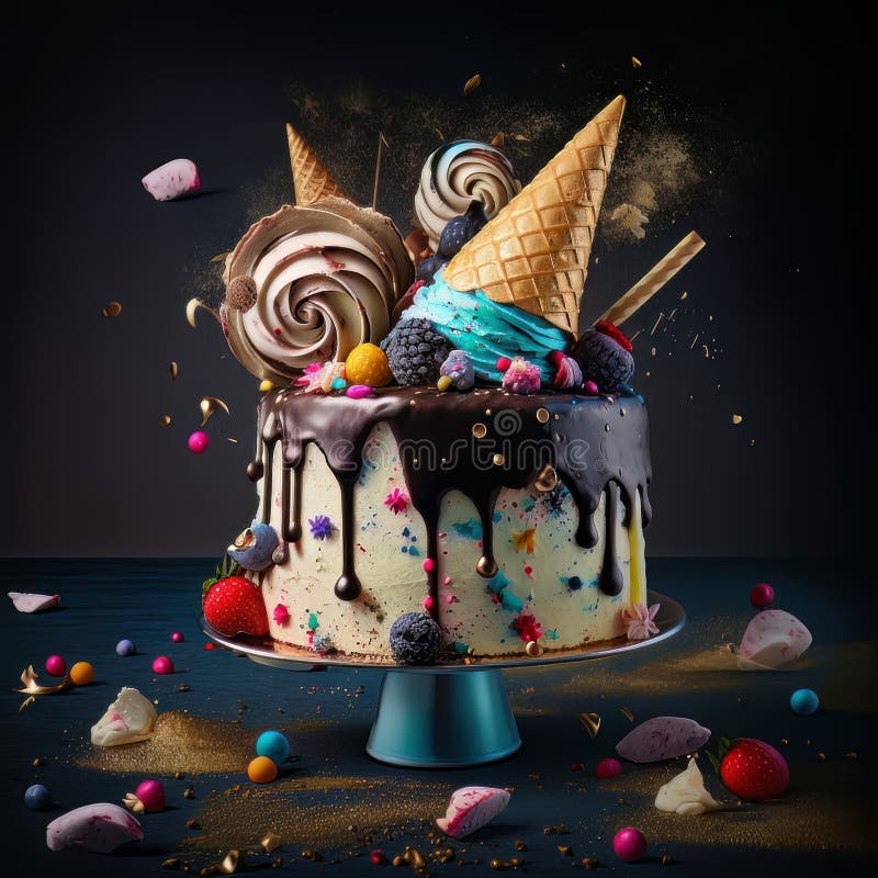 Colorful Birthday Cake with Icing and Decorations. Generative Ai Stock Illustration ...