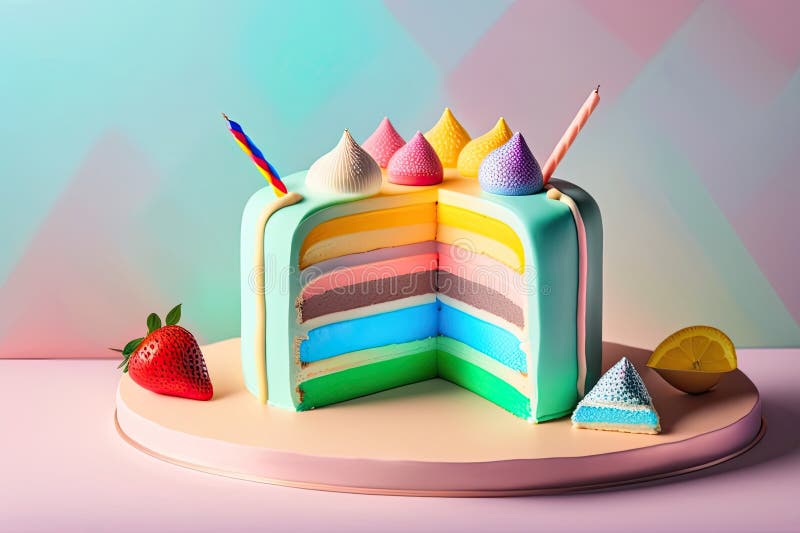 Colorful Birthday Cake on Pastel Background Generative AI Stock Image ...