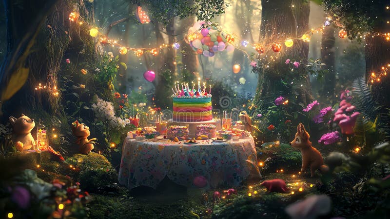 Colorful Birthday Cake Surrounded by Magical Forest Scenery Stock ...