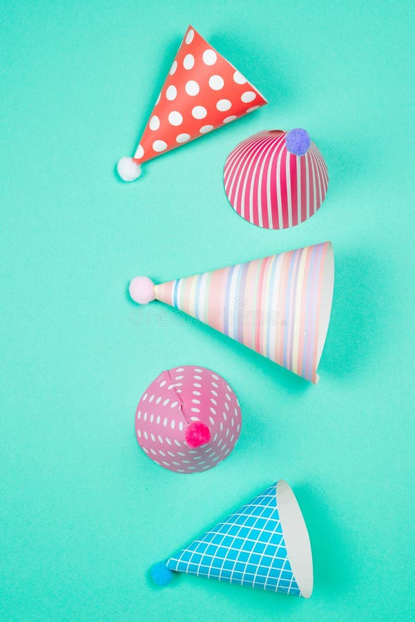 Colorful Birthday Caps on a Blue Background. Top View Stock Image ...