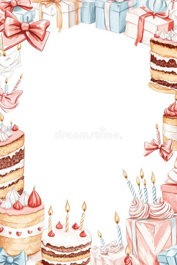 Colorful Birthday Celebration Frame with Cakes, Candles, and Gift Boxes ...