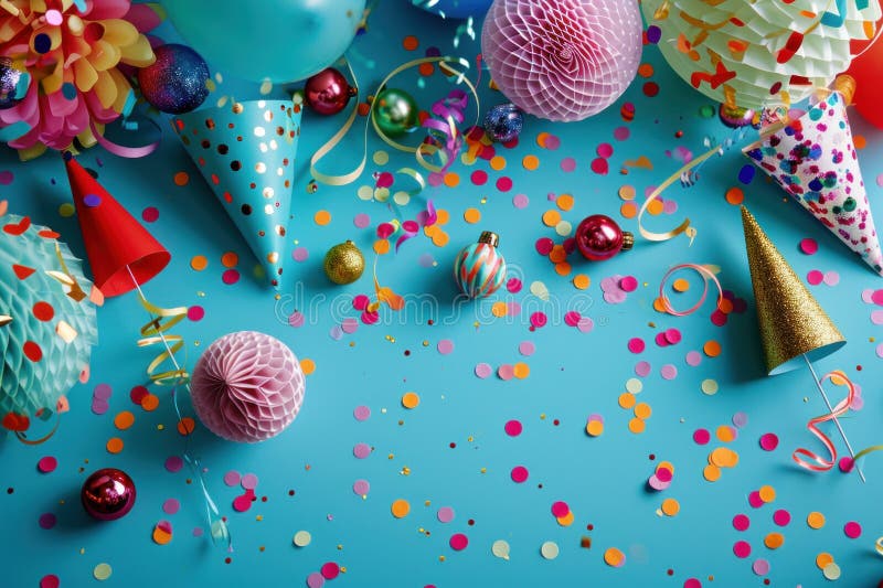 Colorful Birthday Decorations on a Blue Background Stock Illustration ...