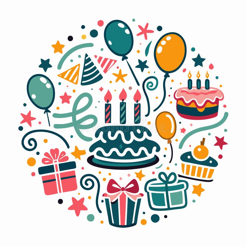 Colorful Birthday Party Elements in a Circle. (2 Stock Vector ...