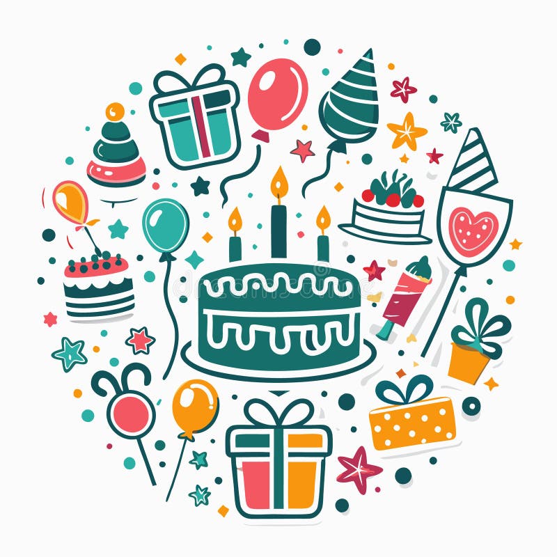 Colorful Birthday Party Icons Circle. (1 Stock Vector - Illustration of ...