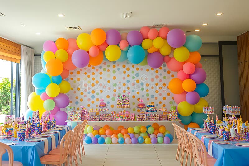 Colorful Birthday Party Setup with Balloons, Candy Table, and ...