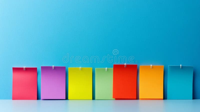 Colorful Blank Notes Hanging Against Blue Background Stock Illustration ...