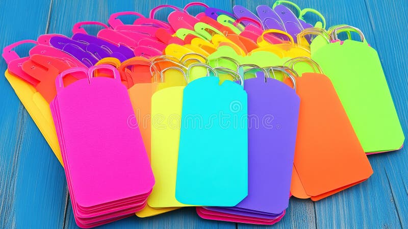 Colorful Blank Tags on Blue Wood Background Stock Photo - Image of ...