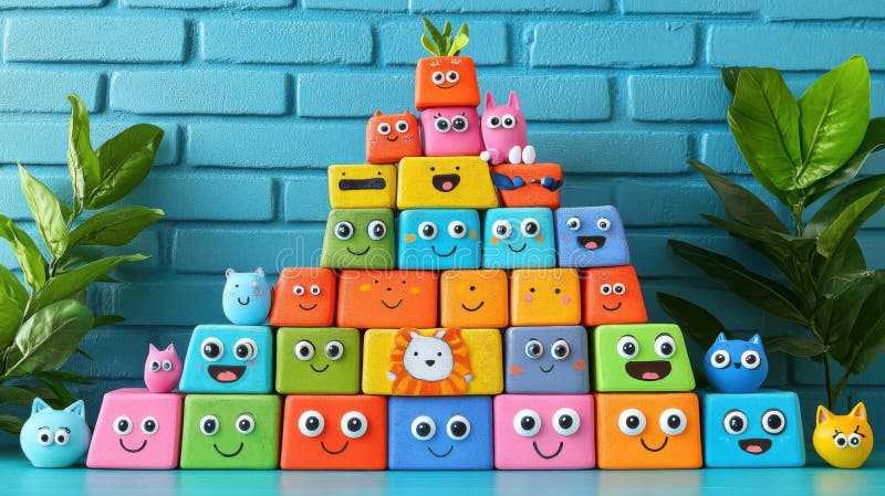 Colorful Block Pyramid with Cute Faces Stock Illustration ...
