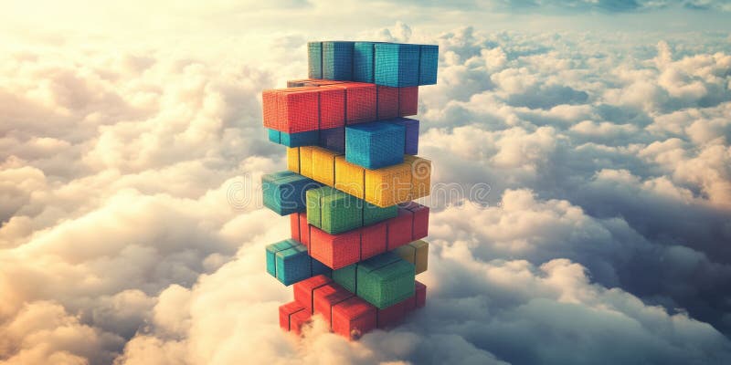 Colorful Block Tower in Clouds Stock Illustration - Illustration of ...
