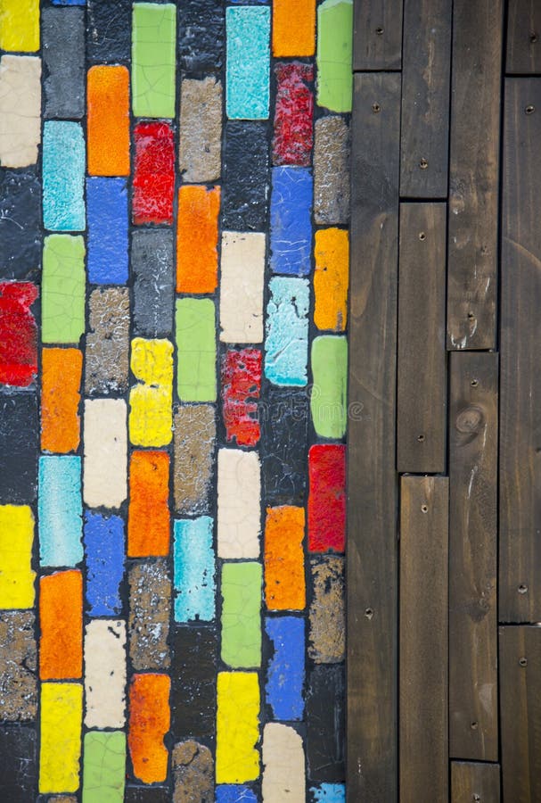 Colorful Block Wall Pattern with Wood Pattern Stock Photo - Image of ...