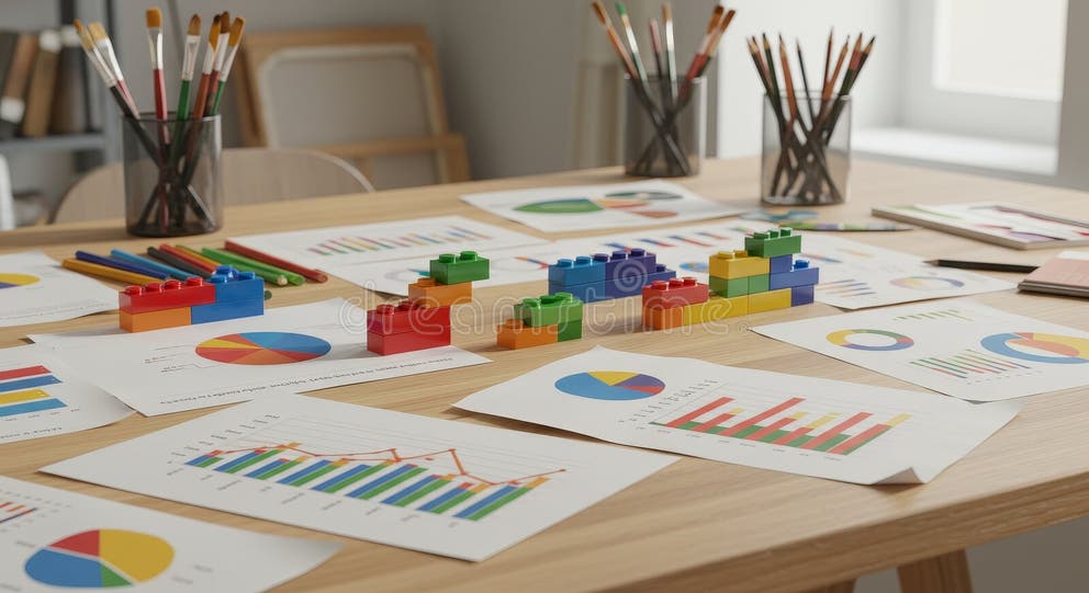 Colorful Blocks and Business Charts a Table Displays Colorful Building ...