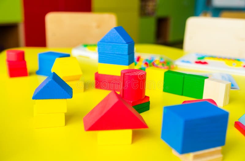 Colorful Blocks in Kindergarten on Yellow Table Stock Photo - Image of ...
