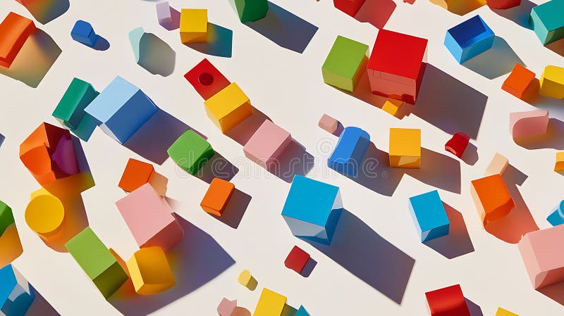 Colorful Blocks are Scattered on a White Surface, Casting Shadows ...