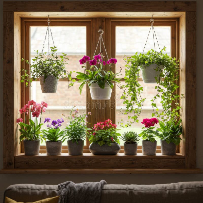 Colorful Blooming Houseplants in Rustic Window Setting Stock ...