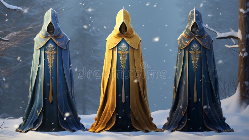 Colorful Blue and Gold Monks Robes in a Snowy Forest Stock Illustration ...