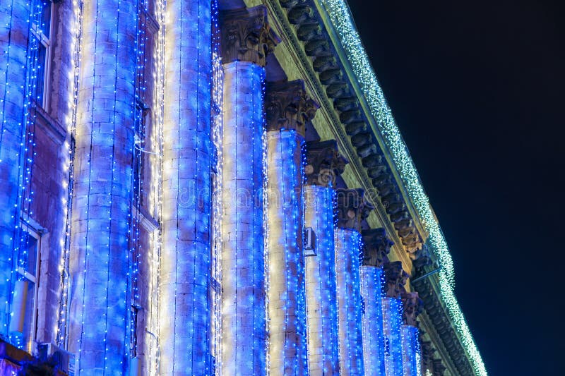 Colorful Blue Led Lights Decorating Historic Building Facade at Night ...