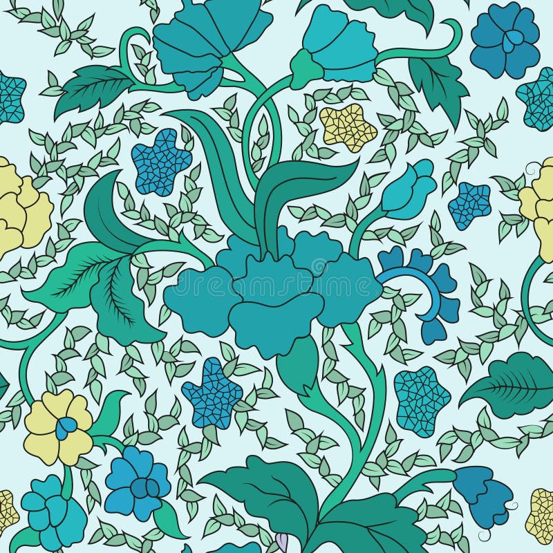 Colorful Blue and Yellow East Asian Seamless Floral Pattern Stock ...