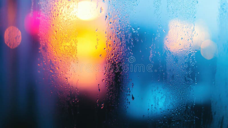 Colorful Blurred City Lights through Raindrop-covered Window at Dusk ...