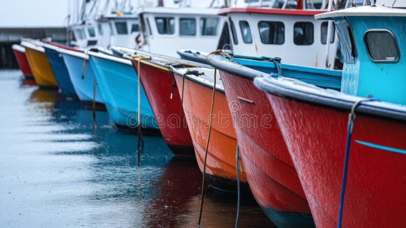 Colorful Boats Docked in a Harbor on a Rainy Day Stock Illustration ...