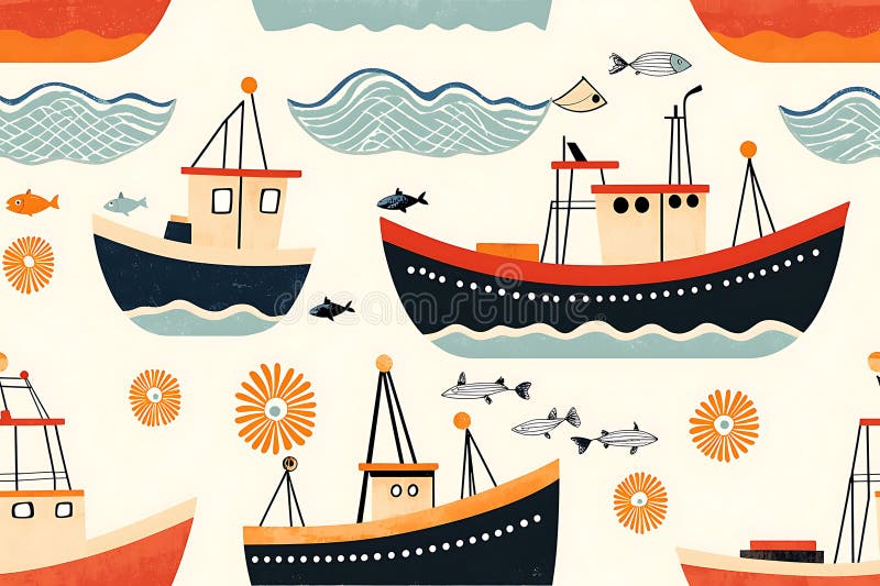 Colorful Boats and Fish Create Playful, Nautical Seamless Pattern Stock ...