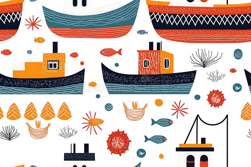 Colorful Boats and Marine Life Create Vibrant, Seamless Pattern Design ...