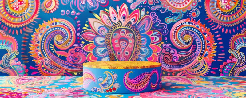 Colorful Bohemian Pop Art Podium With Vibrant Paisley Patterns Stock