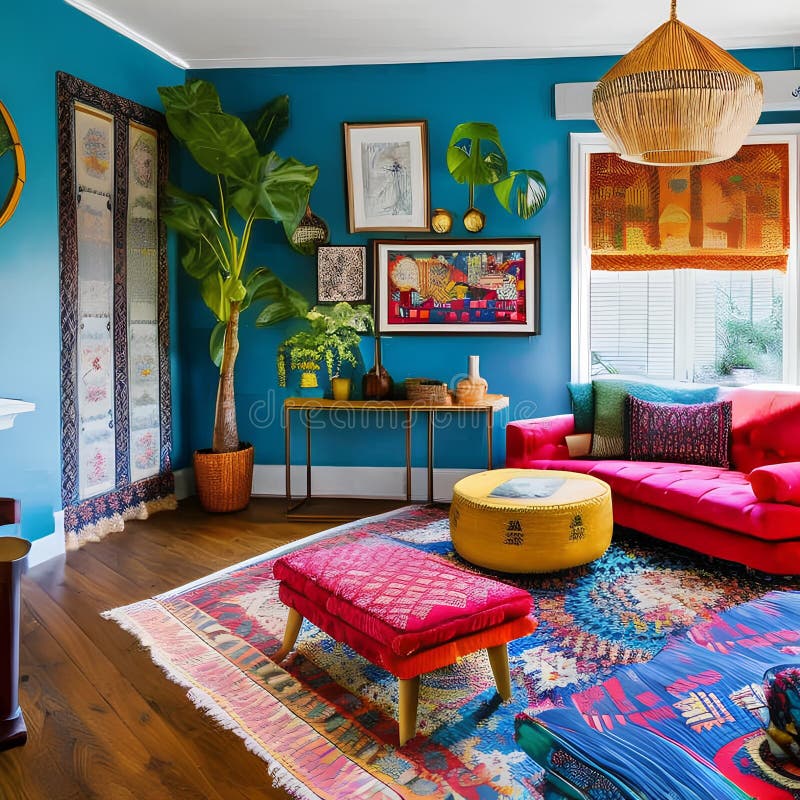A Colorful, Boho-chic Living Room with Eclectic Decor, Patterned ...