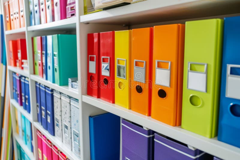 A Colorful Bookcase Displays Numerous Binders in the Library Stock ...