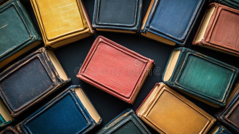Colorful Books Arranged on a Dark Reflective Surface with Abstract ...