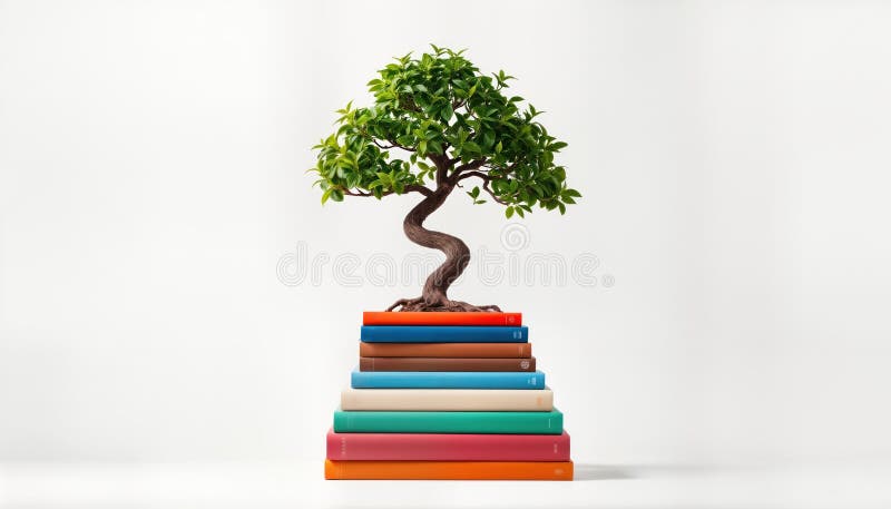 Colorful Books Form Stack Supporting Bonsai Tree. Books Represent ...