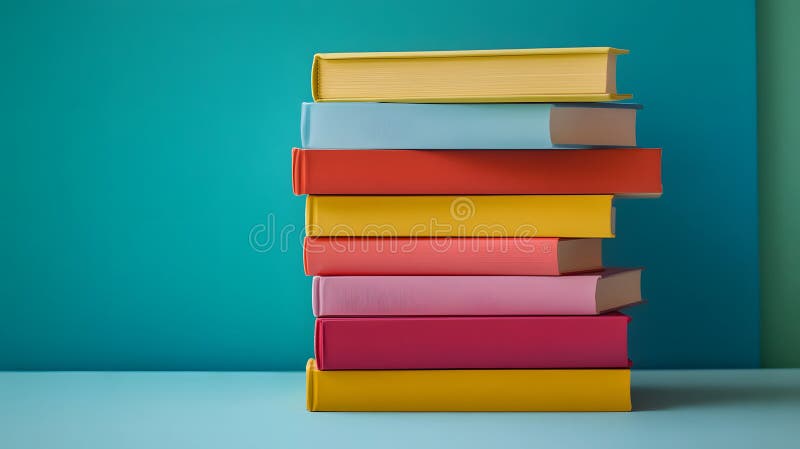 Colorful Books Stacked on Light Blue Surface Against Teal Background ...