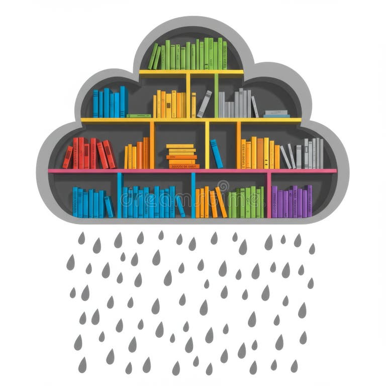 Colorful Bookshelf Cloud Raining Data Stock Illustration - Illustration ...