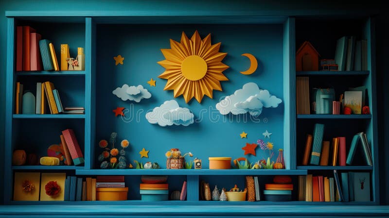 A Colorful Bookshelf Display with Playful Elements Like Clouds, Stars ...