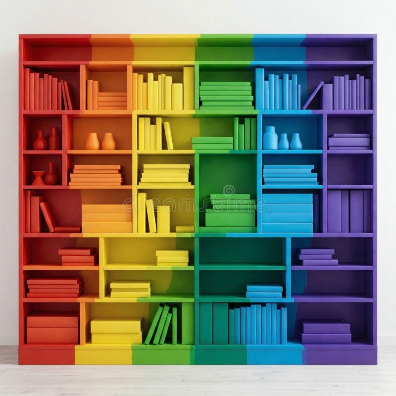 Colorful Bookshelves with Books and Decorations. 3d Render Stock ...
