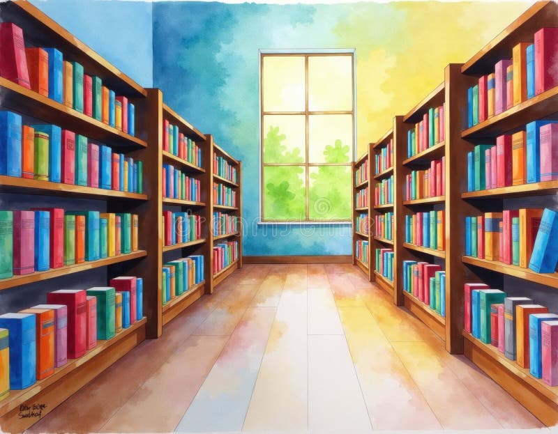 Colorful Bookshelves in a Sunny Library Stock Illustration ...