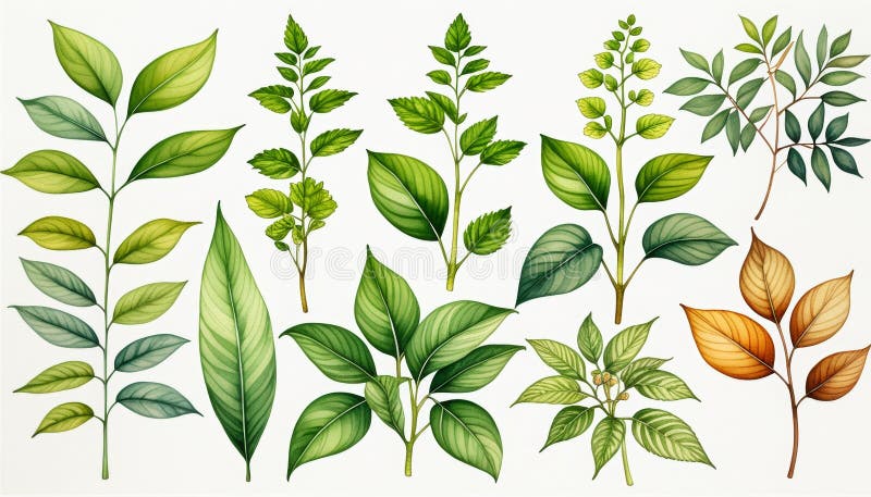Colorful Botanical Collection Featuring Diverse Leaf Types and Patterns ...